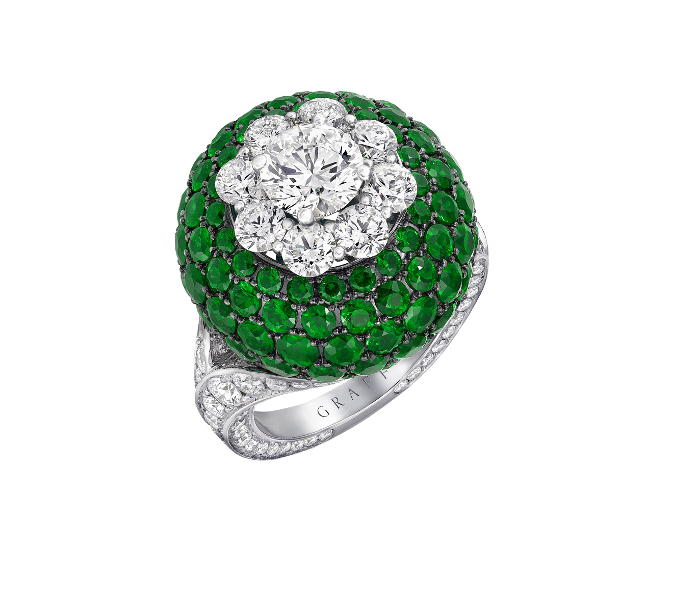 Кольцо GRAFF Cluster RGR 430, белое золото, изумруды, бриллианты | Mercury